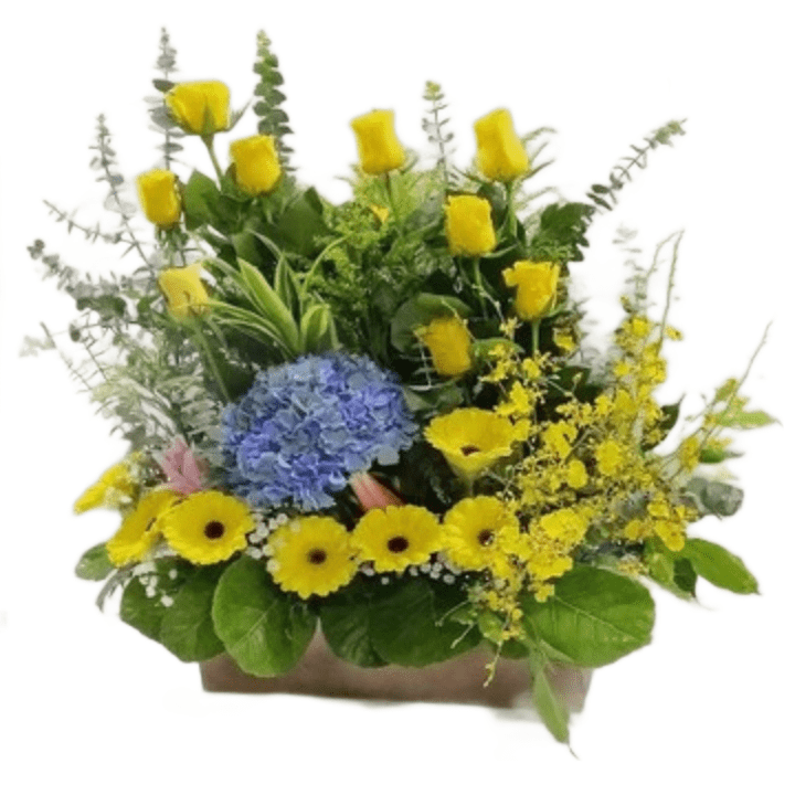 KFA0106 | Yellow Roses and Gerberas with Blue Hydrangea Table Flower ...